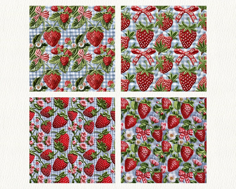 Strawberry Checkered Embroidery Pattern Seamless Digital Papers ...