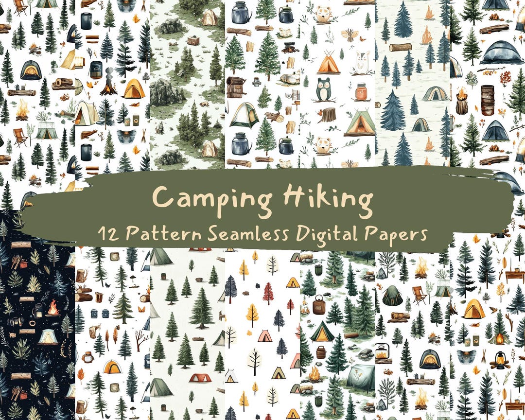 Camping Hiking Pattern Seamless Digital Papers - Printable Scrapbook ...