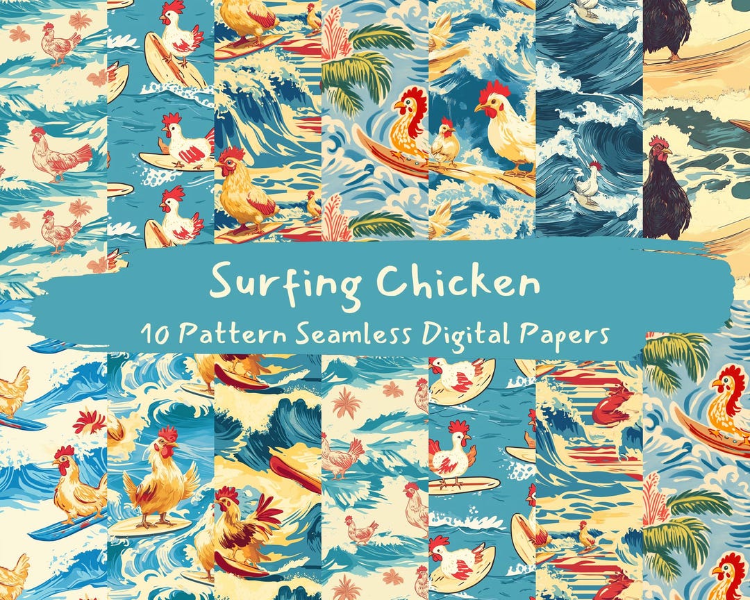 Surfing Chicken Pattern Seamless Digital Papers - Printable Scrapbook ...
