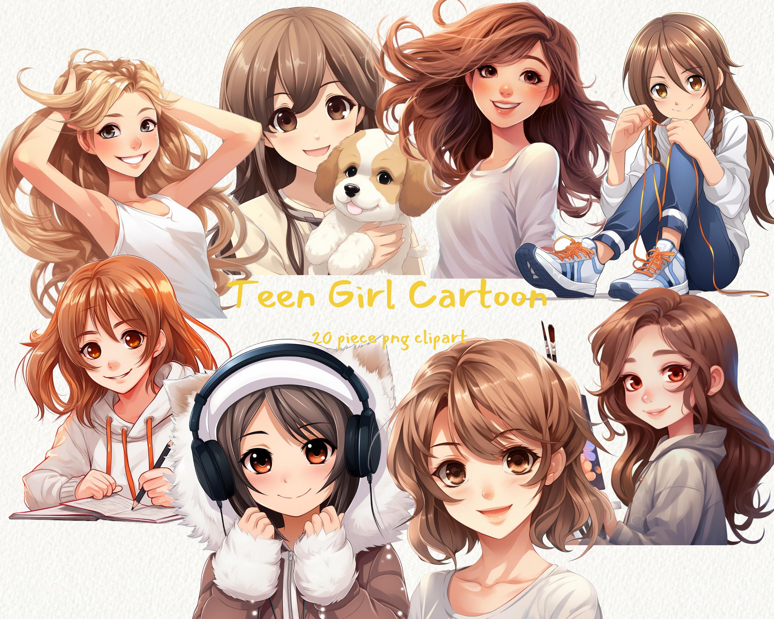 Teen Girl Cartoon Digital Clipart Bundle in PNG Format Transparent ...