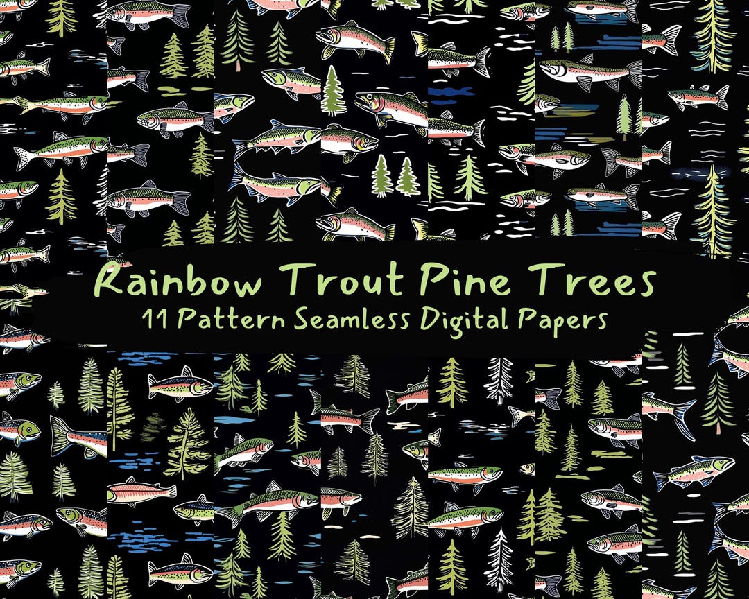 Rainbow Trout Pine Trees Pattern Seamless Digital Papers - Printable ...