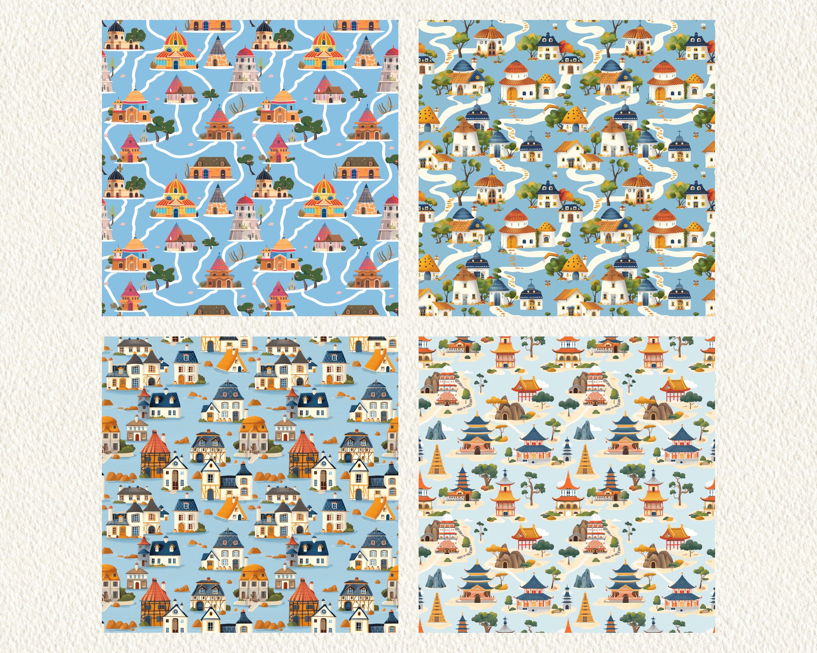Traditional Buildings Pattern Seamless Digital Papers Printable ...