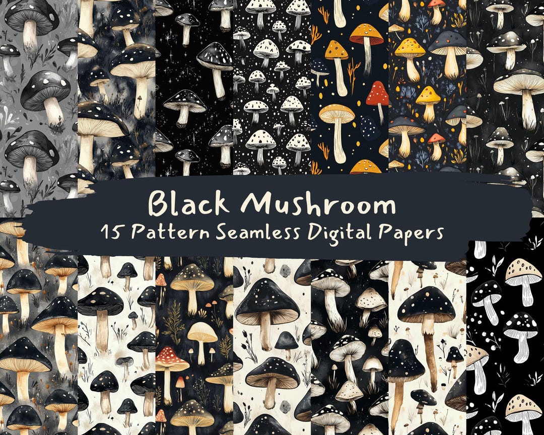 Black Mushroom Pattern Seamless Digital Papers - Printable Scrapbook ...