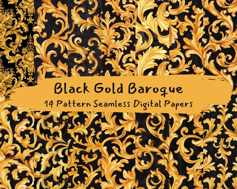 Black Gold Baroque Pattern Seamless Digital Papers - Printable ...