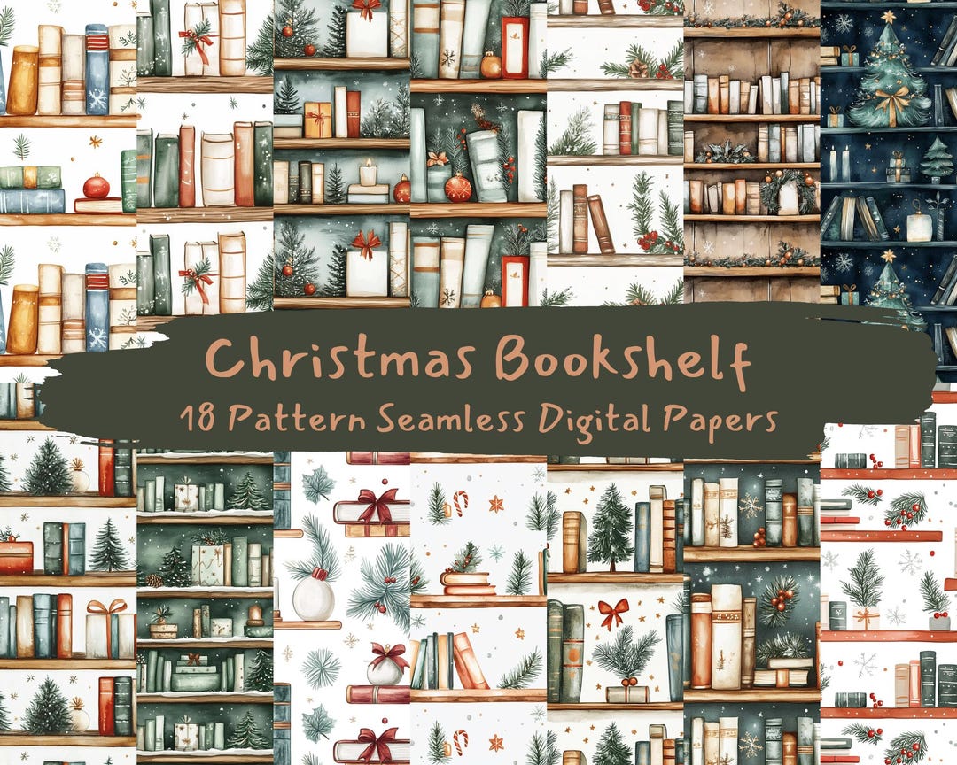Christmas Bookshelf Pattern Seamless Digital Papers - Printable ...
