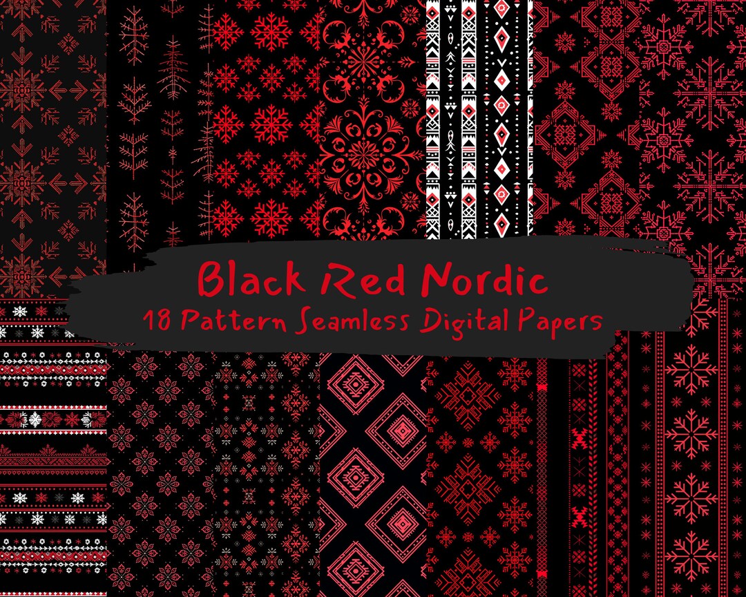 Black Red Nordic Pattern Seamless Digital Papers - Printable Scrapbook ...