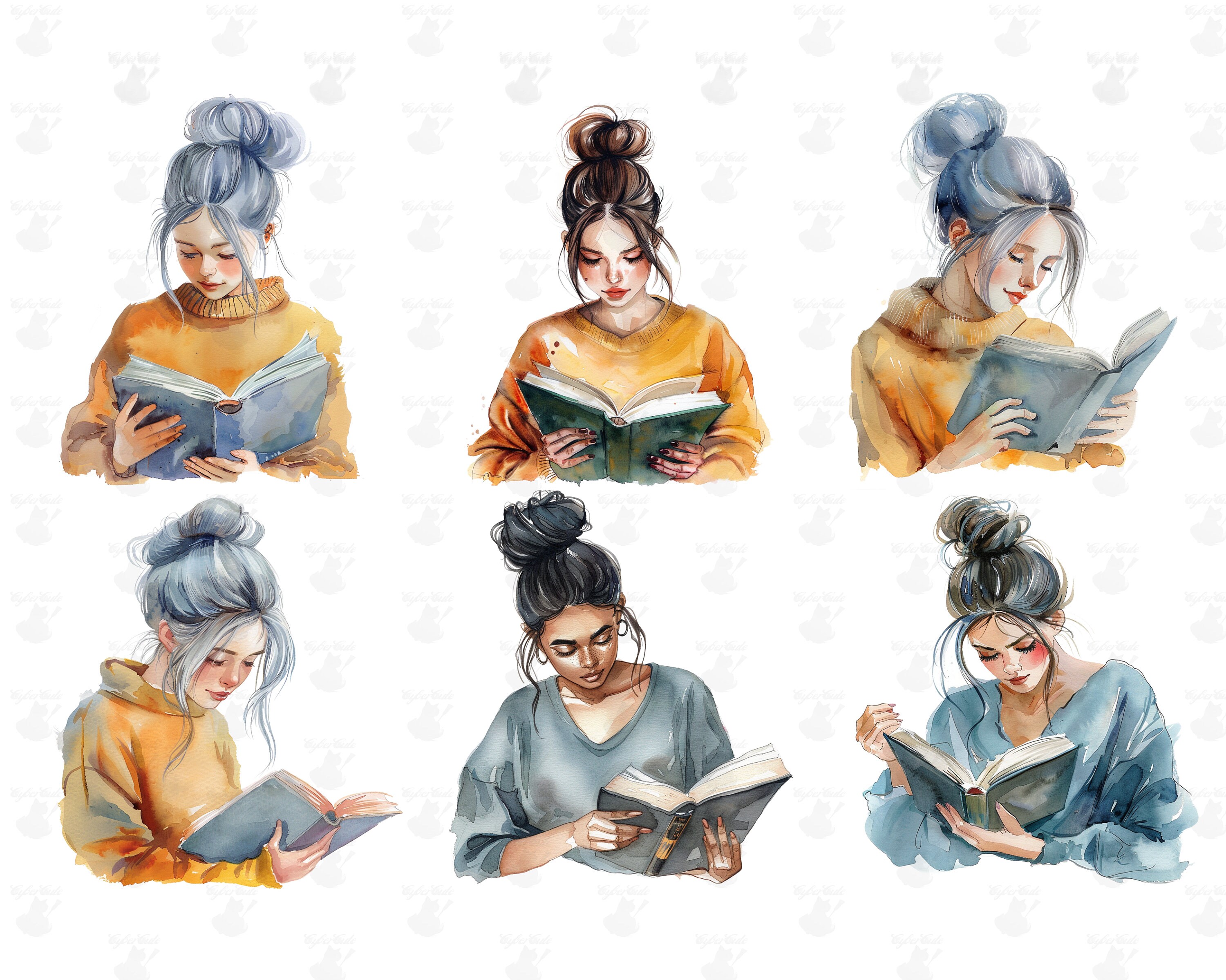 Girl Reading Digital Printable Clipart Bundle in PNG Format Transparent ...