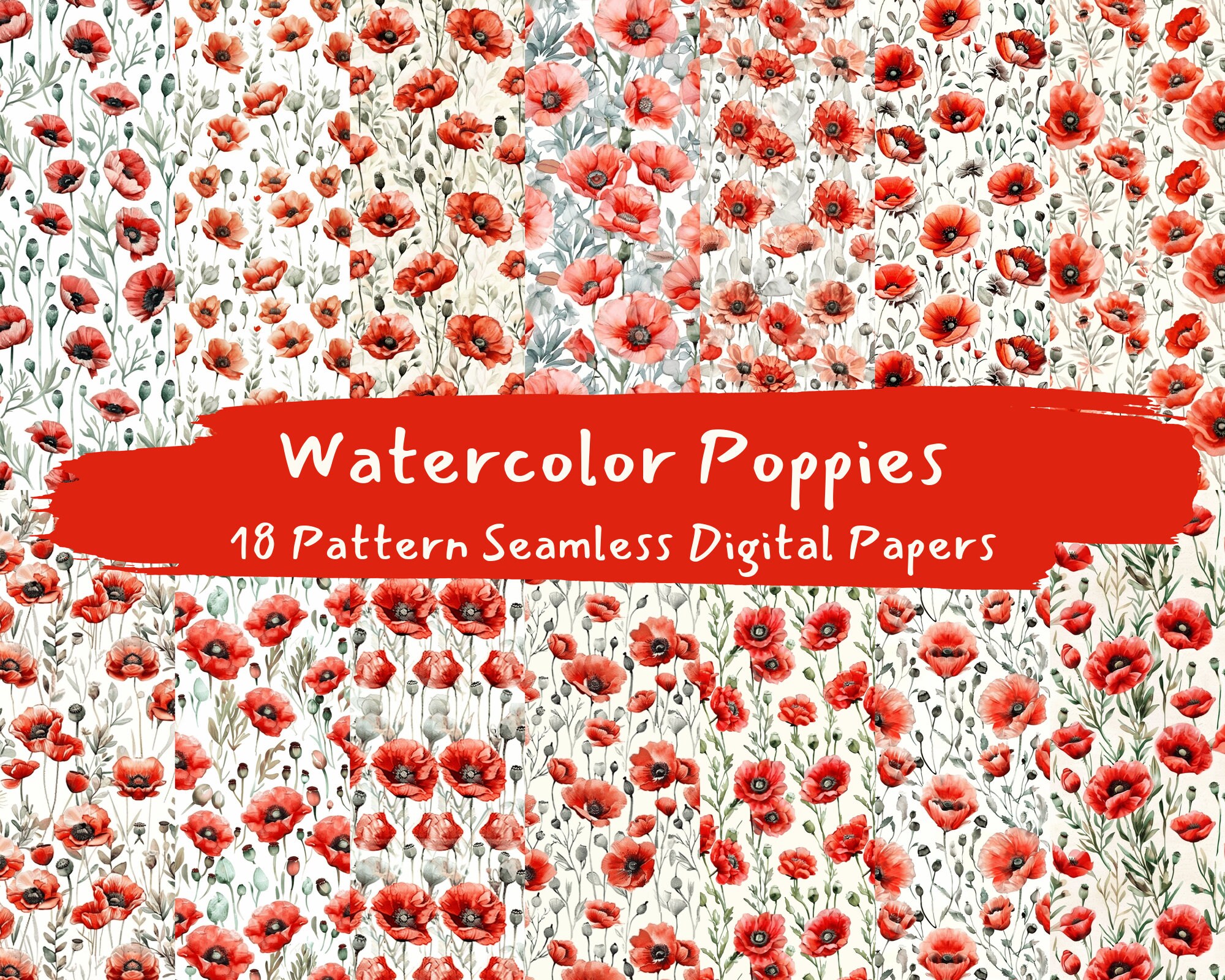 Watercolor Poppies Pattern Seamless Digital Papers Printable Scrapbook ...