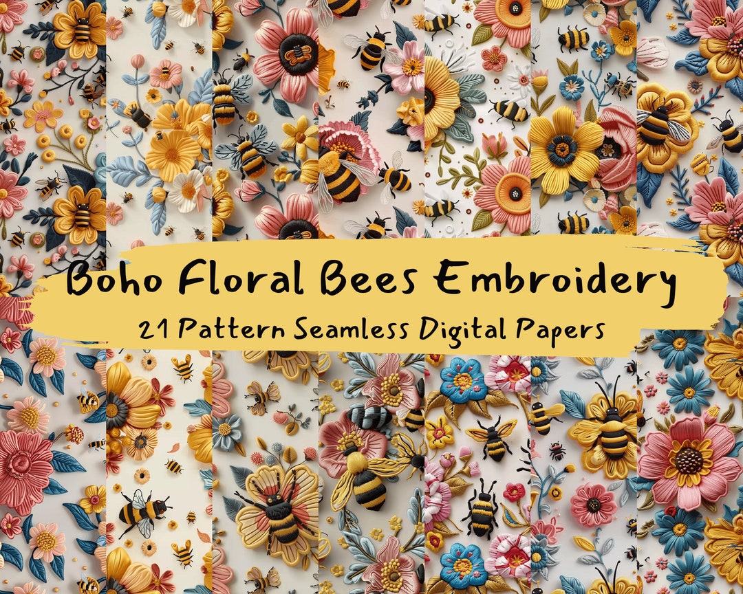 Boho Floral Bees Embroidery Pattern Seamless Digital Papers - Printable ...