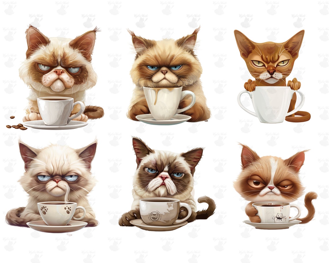 Grumpy Cat Coffee Digital Printable Clipart Bundle in PNG Format ...