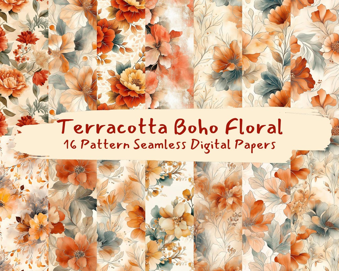Terracotta Boho Floral Pattern Seamless Digital Papers - Printable ...