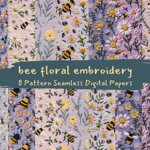 Bee Floral Embroidery Pattern Seamless Digital Papers - Printable ...