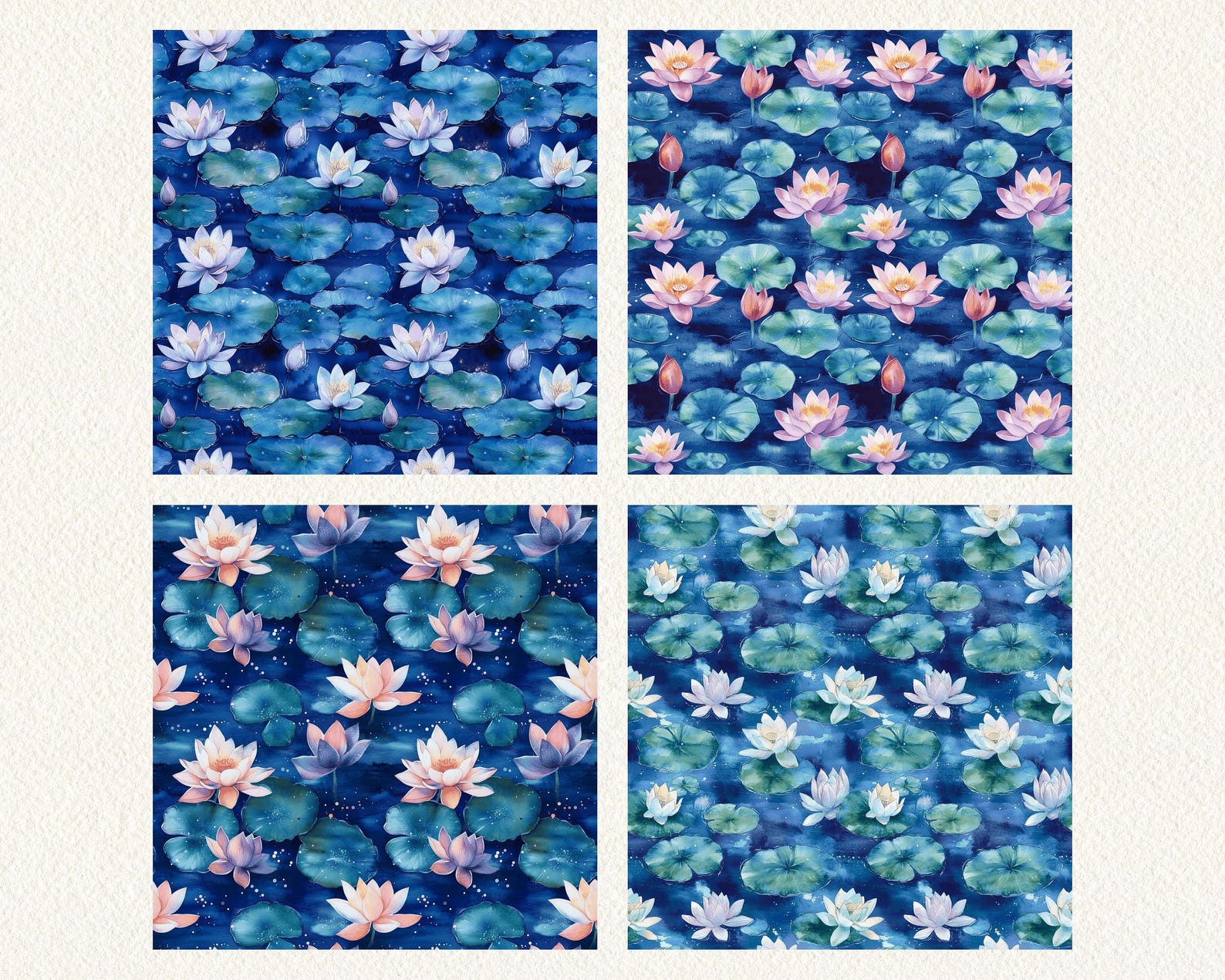 Watercolor Lotus Pond Pattern Seamless Digital Papers - Printable ...