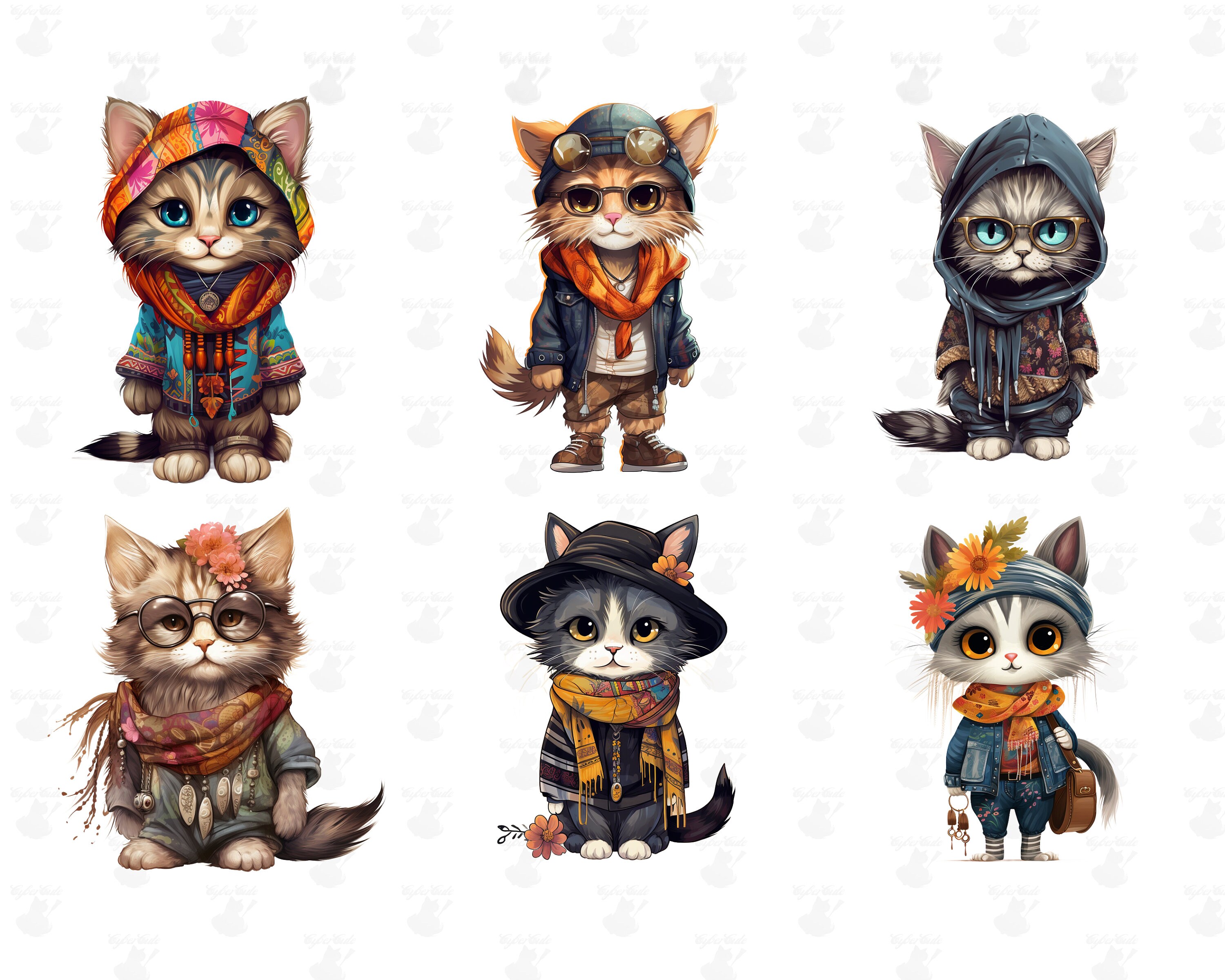 Bohemian Cat, Digital Printable Clip Art Graphics in PNG Format ...