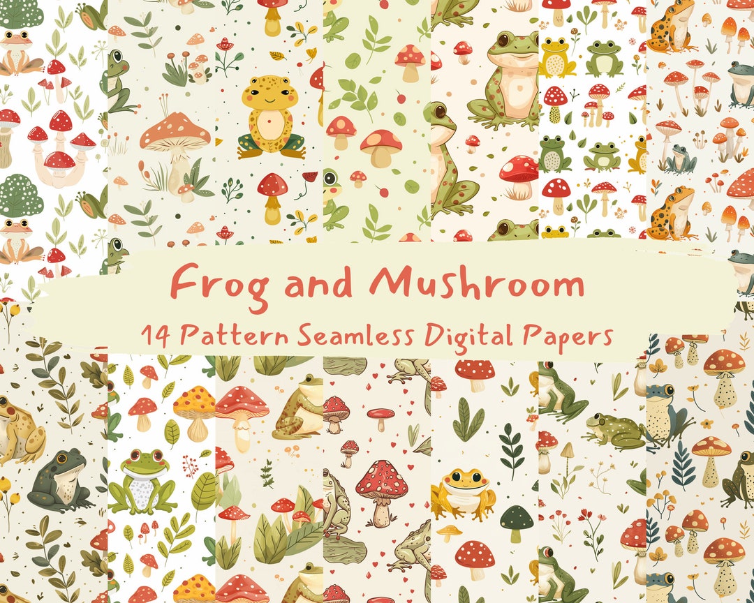 Frog and Mushroom Pattern Seamless Digital Papers - Printable Scrapbook ...