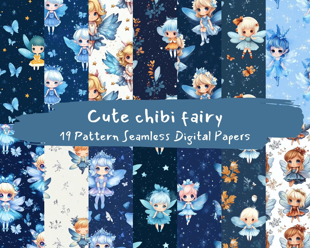Cute Chibi Fairy Pattern Seamless Digital Papers - Printable Scrapbook ...