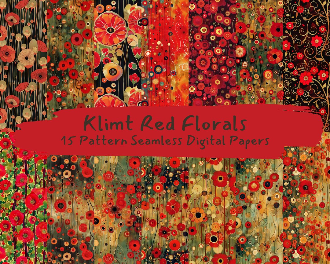 Klimt Red Florals Pattern Seamless Digital Papers - Printable Scrapbook ...