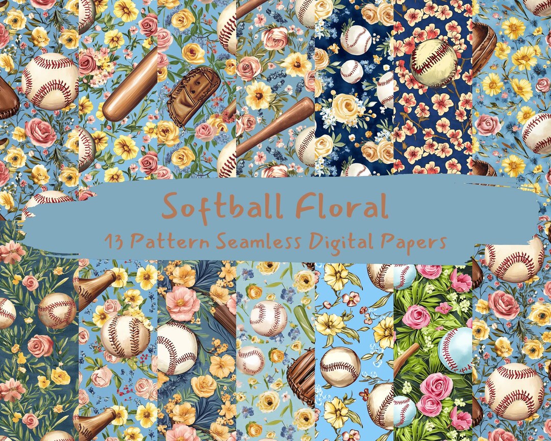 Softball Floral Pattern Seamless Digital Papers - Printable Scrapbook ...