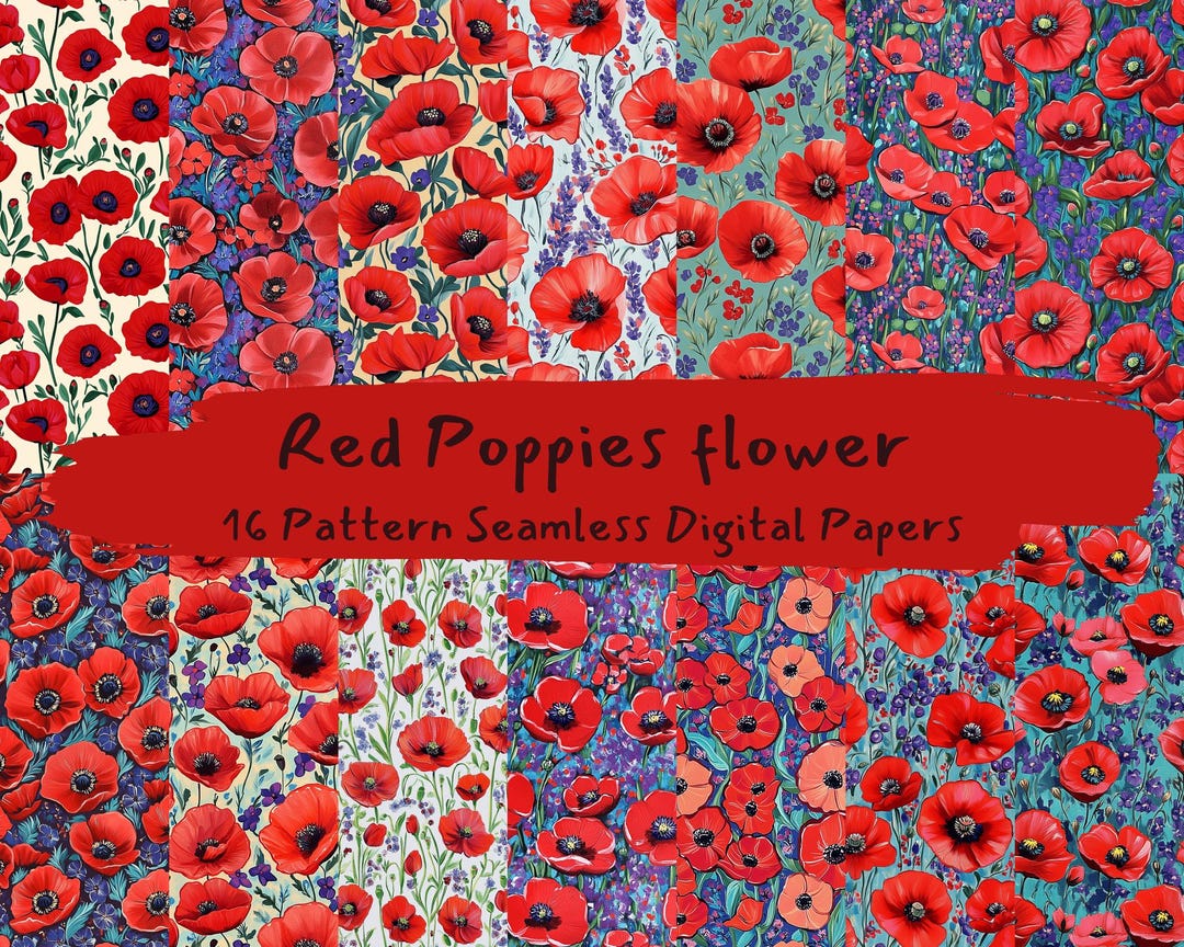 Red Poppies Flower Pattern Seamless Digital Papers - Printable ...