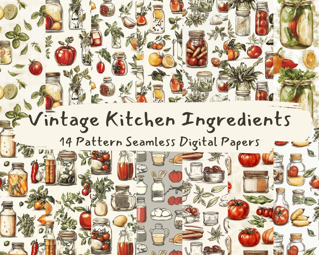 Vintage Kitchen Ingredients Pattern Seamless Digital Papers - Printable ...