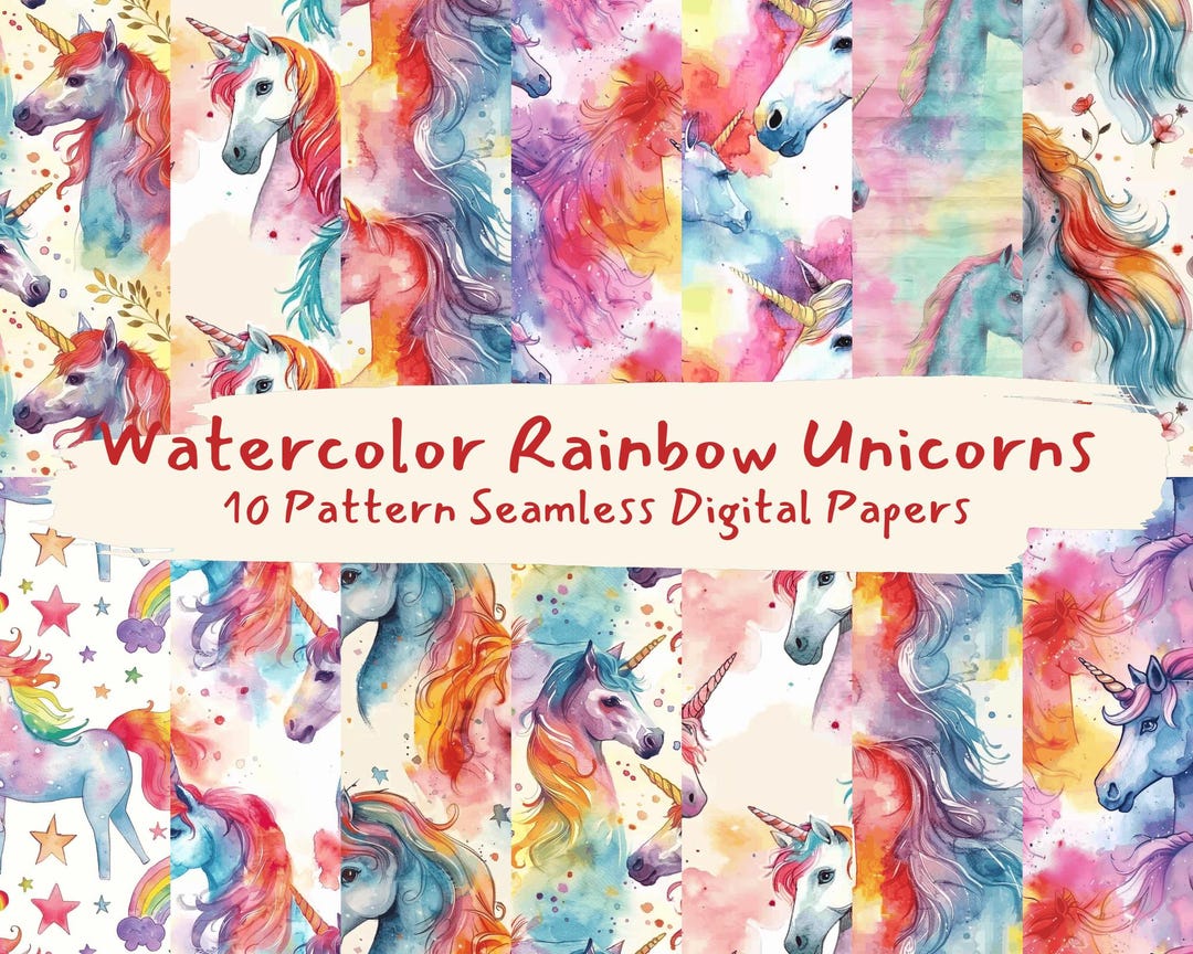 Watercolor Rainbow Unicorns Pattern Seamless Digital Papers - Printable ...