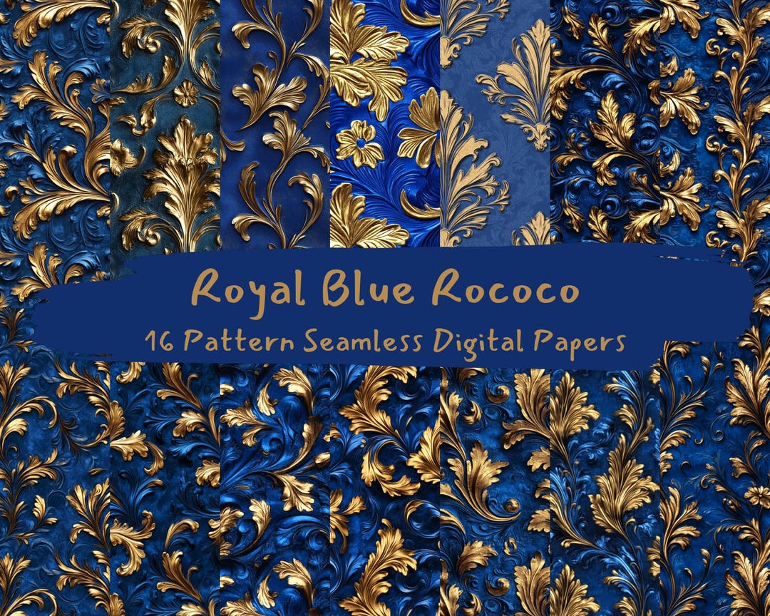 Royal Blue Rococo Pattern Seamless Digital Papers - Printable Scrapbook ...