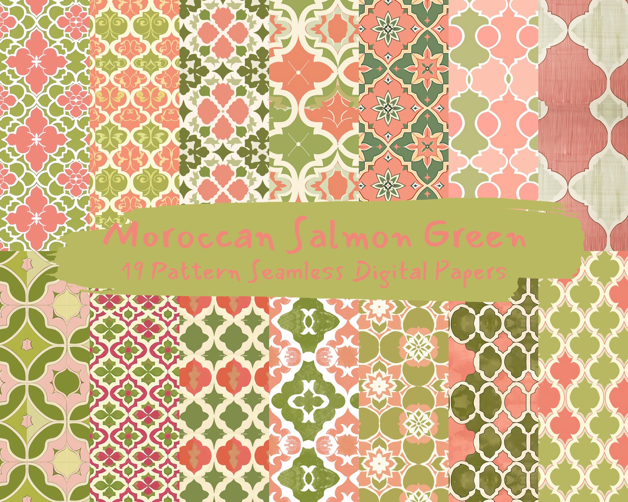 Moroccan Salmon Green Pattern Seamless Digital Papers - Printable ...