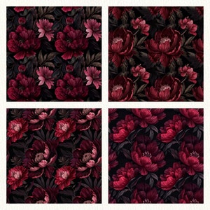 Dark Moody Burgundy Floral Pattern Seamless Digital Papers - Printable ...