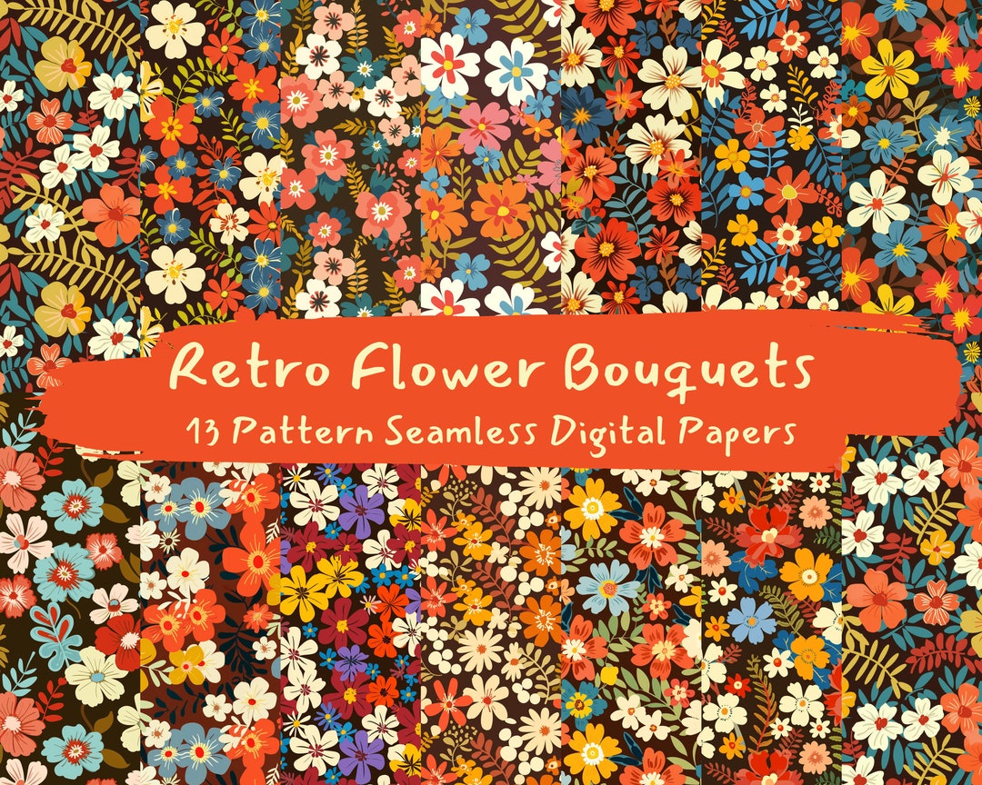 Retro Flower Bouquets Pattern Seamless Digital Papers - Printable ...