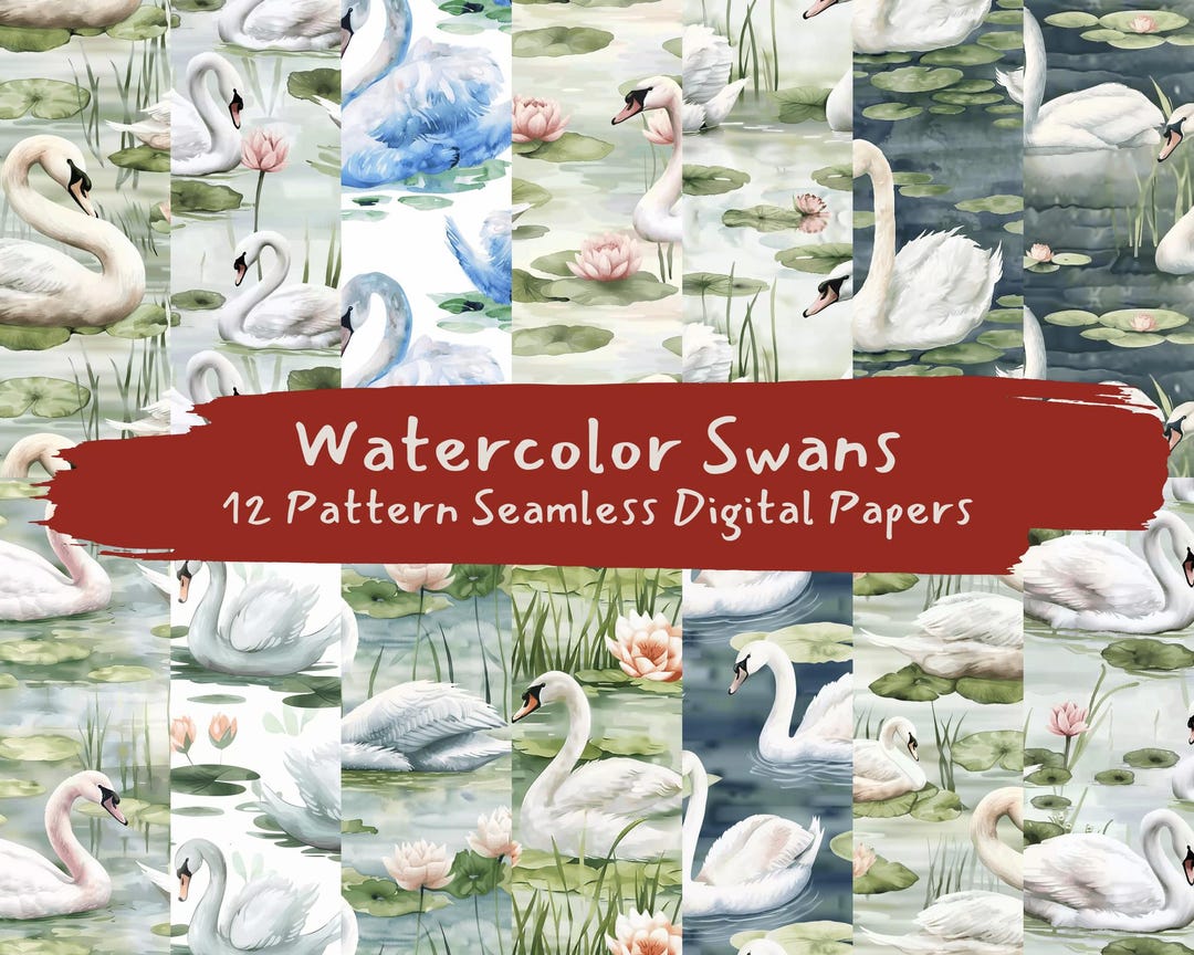 Watercolor Swans Pattern Seamless Digital Papers - Printable Scrapbook ...
