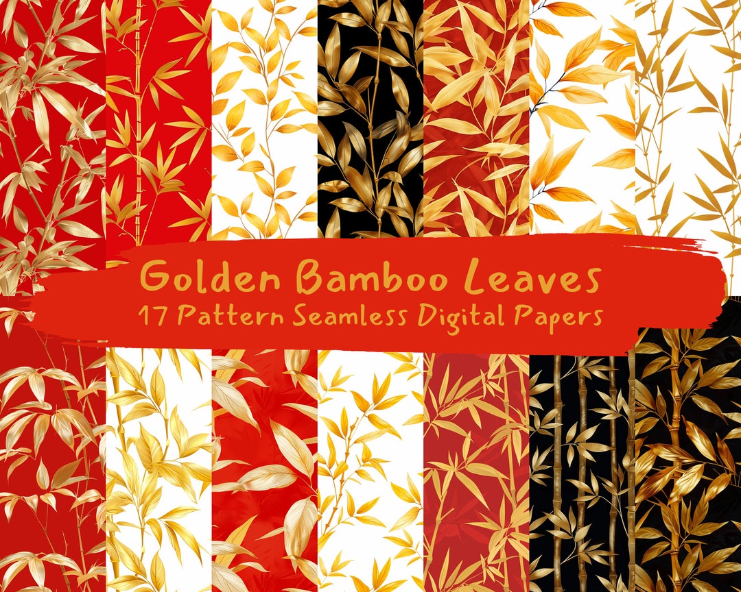 Golden Bamboo Leaves Pattern Seamless Digital Papers - Printable ...