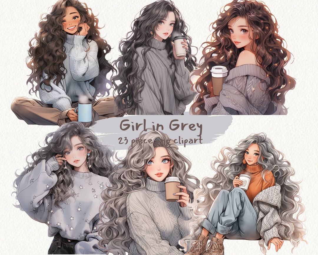 Girl in Grey Sweater Digital Printable Clipart Bundle in PNG Format ...