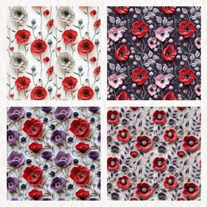 Silver Poppy Flowers Pattern Seamless Digital Papers - Printable ...