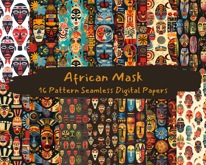 African Mask Pattern Seamless Digital Papers Printable Scrapbook Paper ...