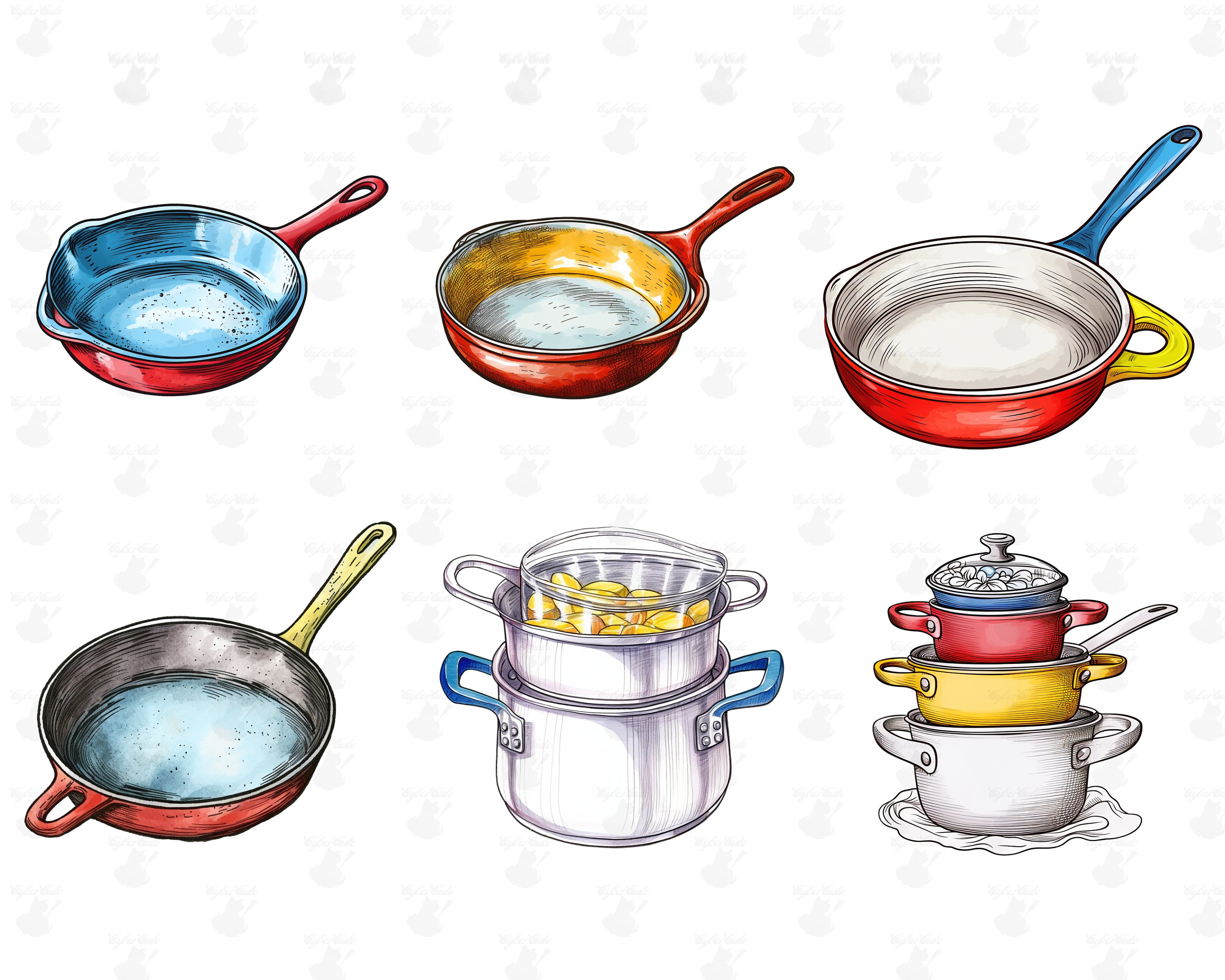 Doodle Cookware, Digital Printable Clip Art Graphics in PNG Format ...
