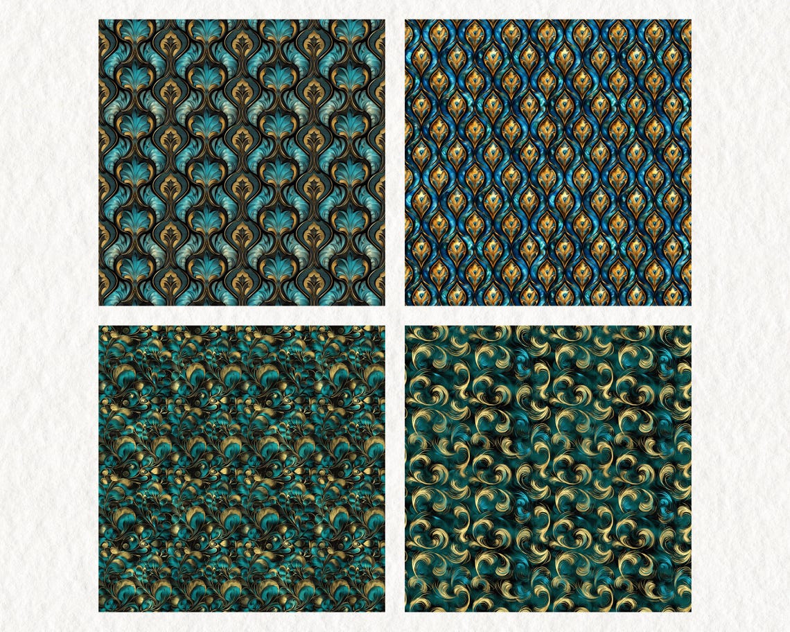Teal Gold Shimmer Pattern Seamless Digital Papers - Printable Scrapbook ...