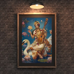 Divine Strings Saraswati Playing Veena on Swan, Sacred Digital Art ...