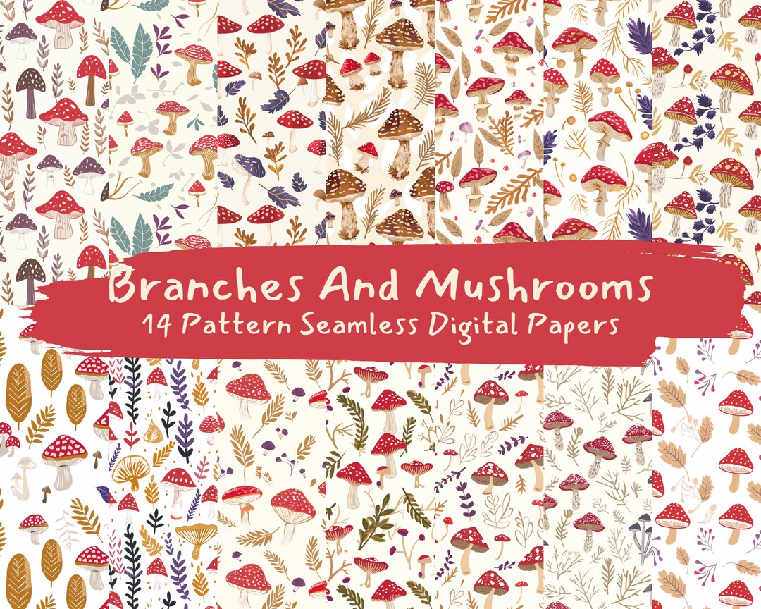Branches and Mushrooms Pattern Seamless Digital Papers - Printable ...