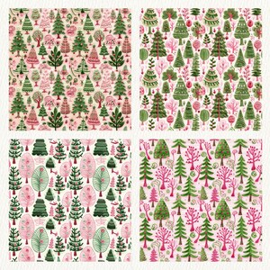 Embroidered Pink and Green Trees Pattern Seamless Digital Papers ...