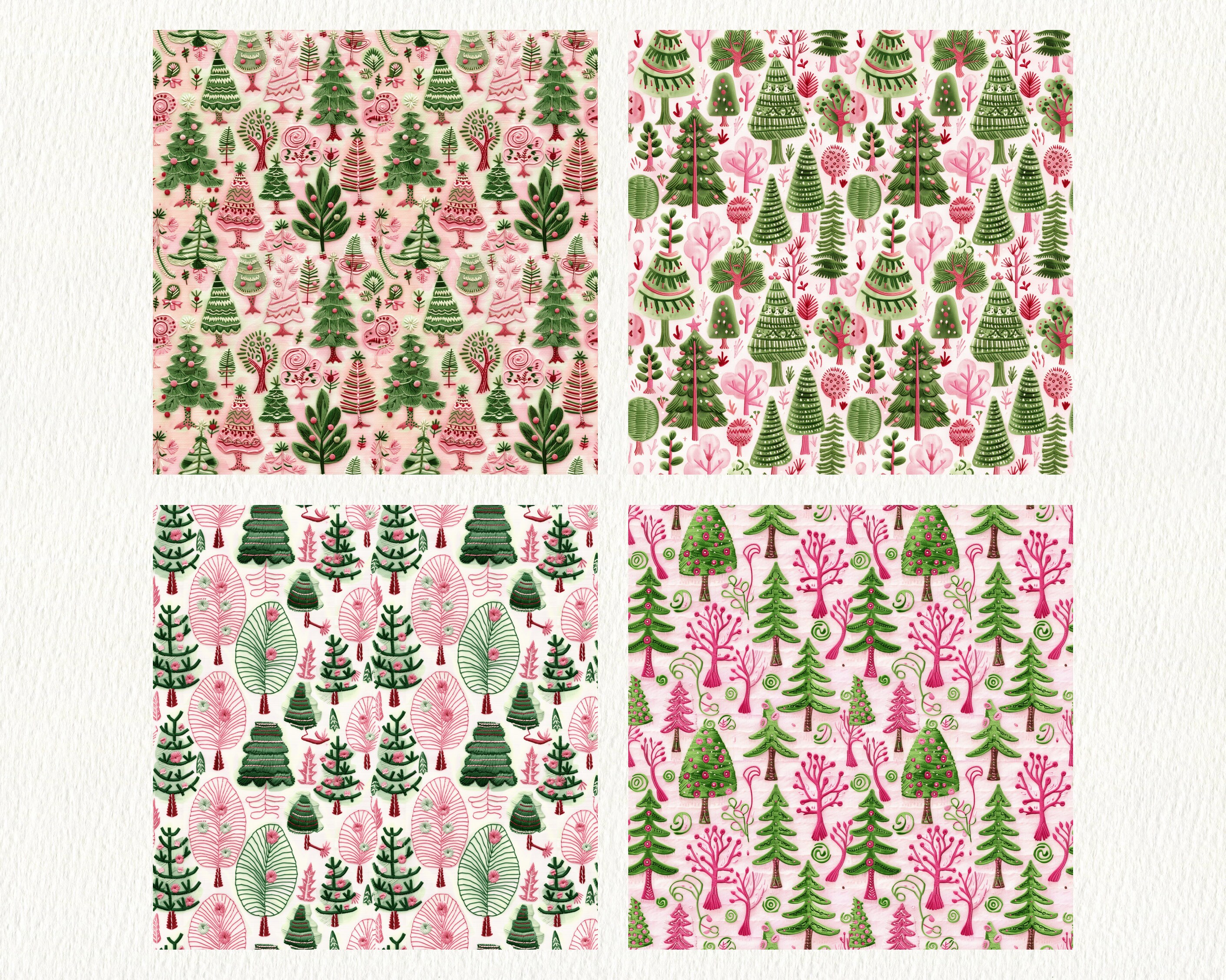 Embroidered Pink and Green Trees Pattern Seamless Digital Papers ...