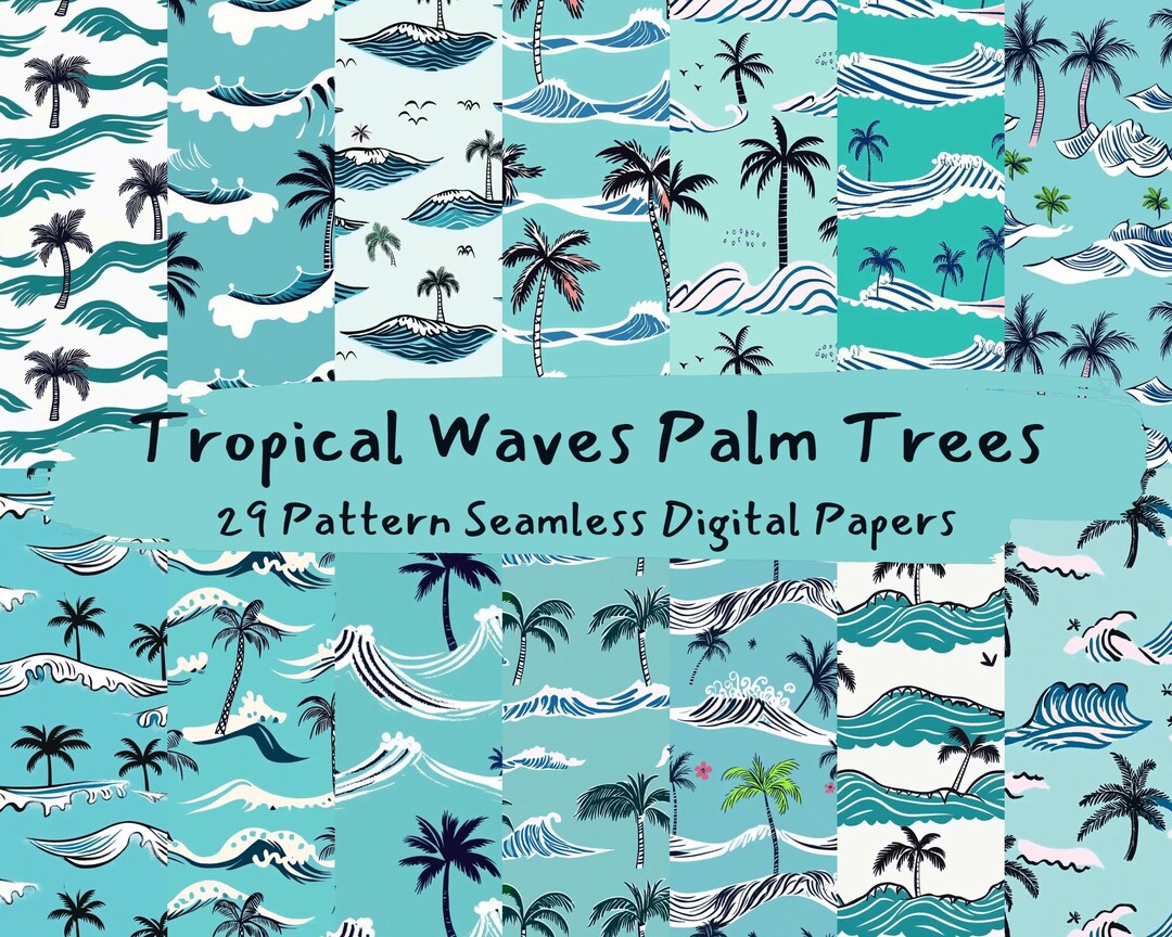 Tropical Waves Palm Trees Pattern Seamless Digital Papers - Printable ...