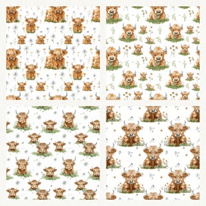 Daisy Highland Cow Pattern Seamless Digital Papers - Printable ...