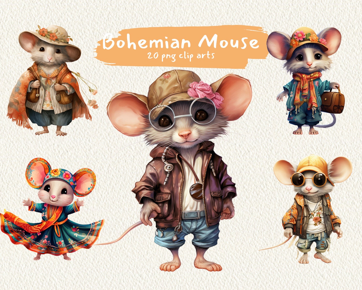 Bohemian Mouse Digital Printable Clipart Bundle in PNG Format ...