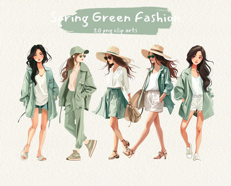 Spring Green Fashion Digital Printable Clipart Bundle in PNG Format ...
