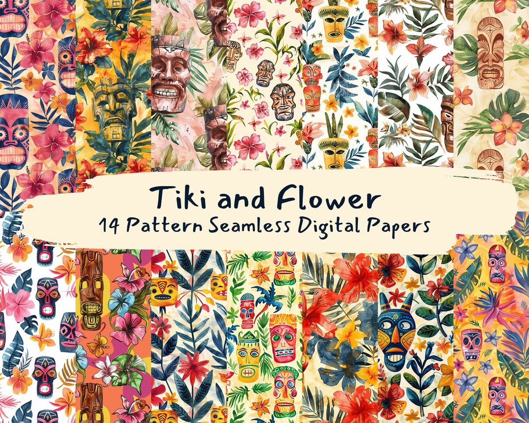 Tiki and Flower Pattern Seamless Digital Papers - Printable Scrapbook ...