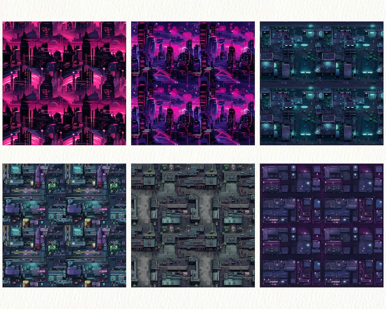 Cyberpunk City Pattern Seamless Digital Papers Tile Patterns Printable ...
