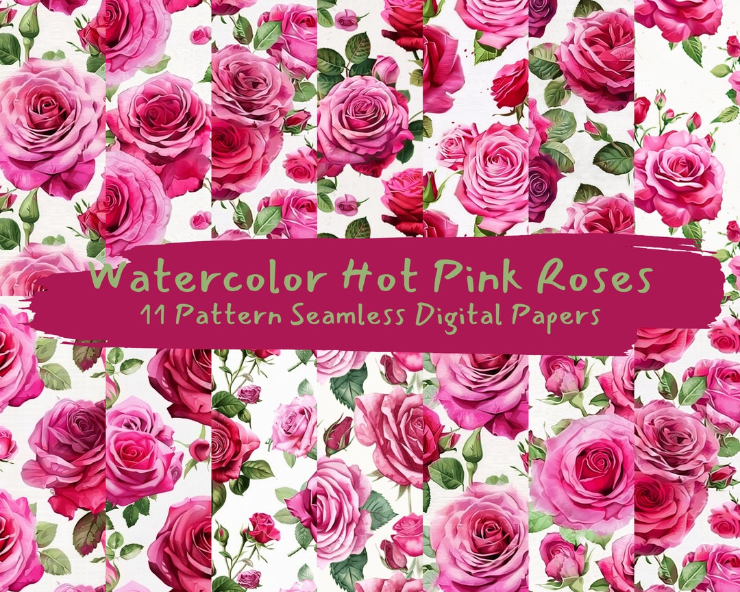 Watercolor Hot Pink Roses Pattern Seamless Digital Papers - Printable ...