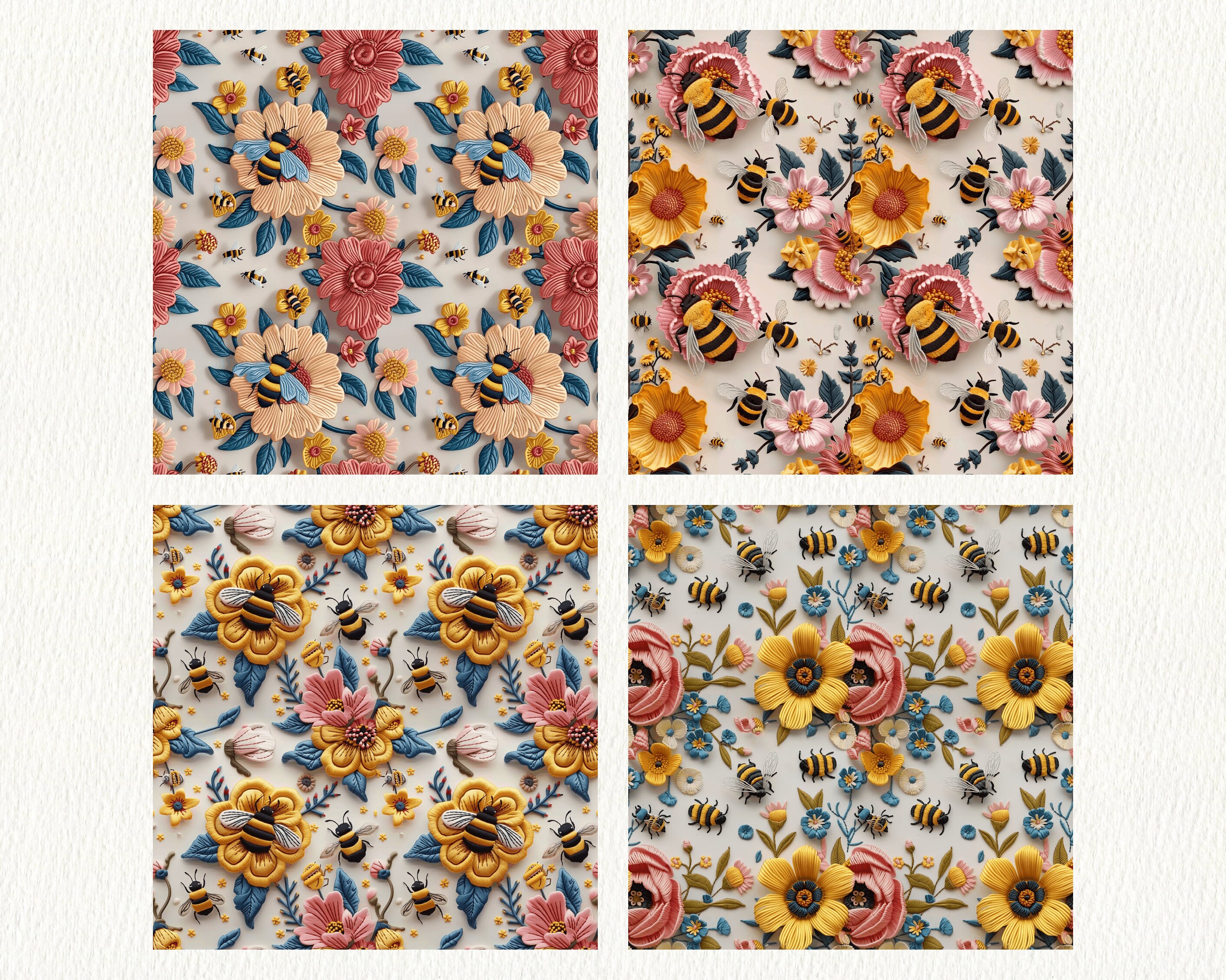 Boho Floral Bees Embroidery Pattern Seamless Digital Papers - Printable ...