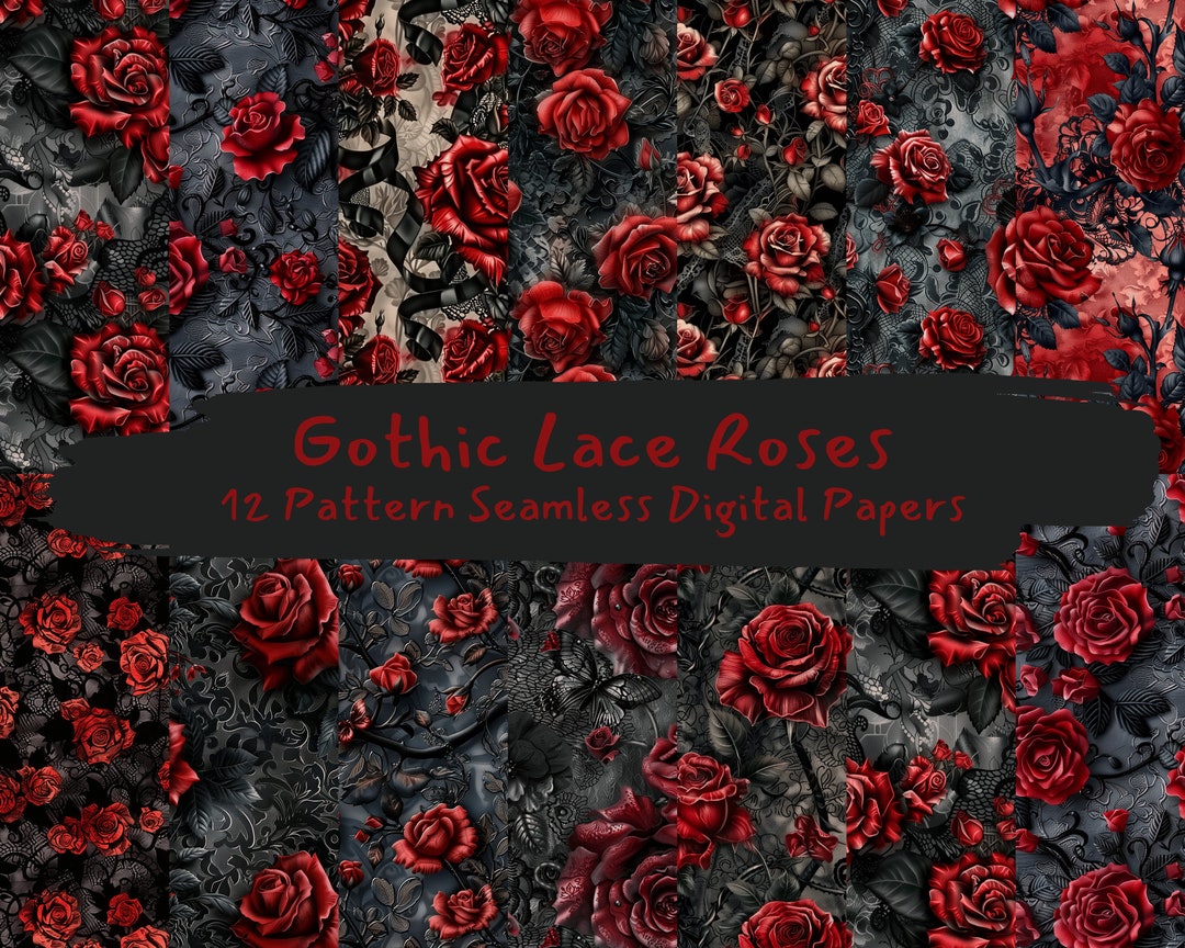 Gothic Lace Roses Pattern Seamless Digital Papers - Printable Scrapbook ...