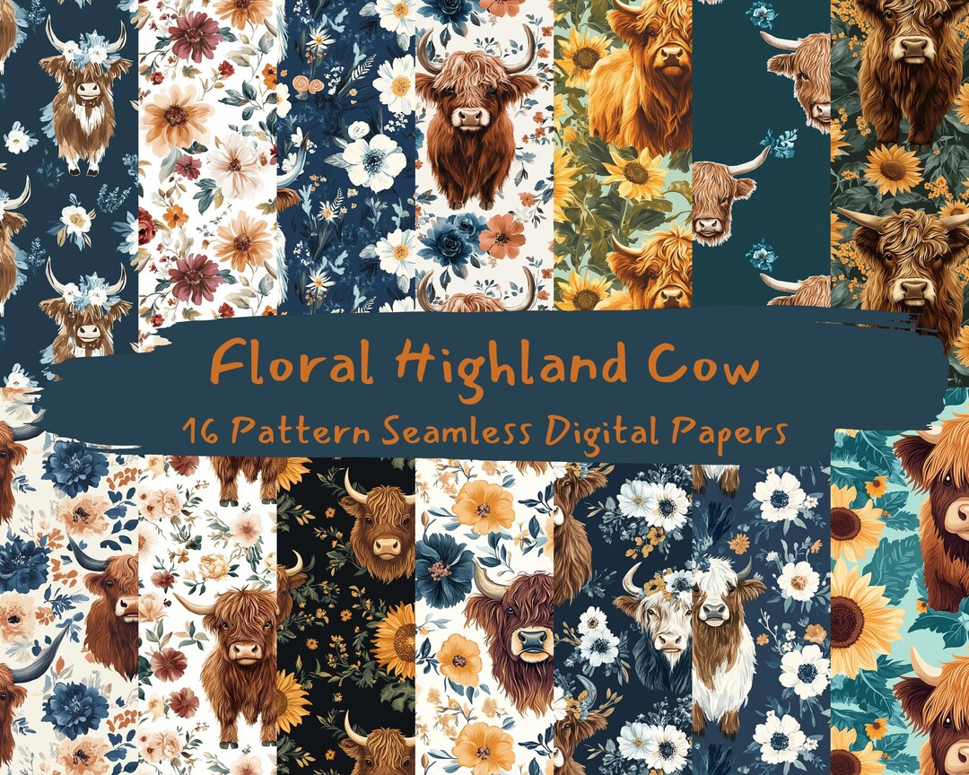 Floral Highland Cow Pattern Seamless Digital Papers - Printable ...